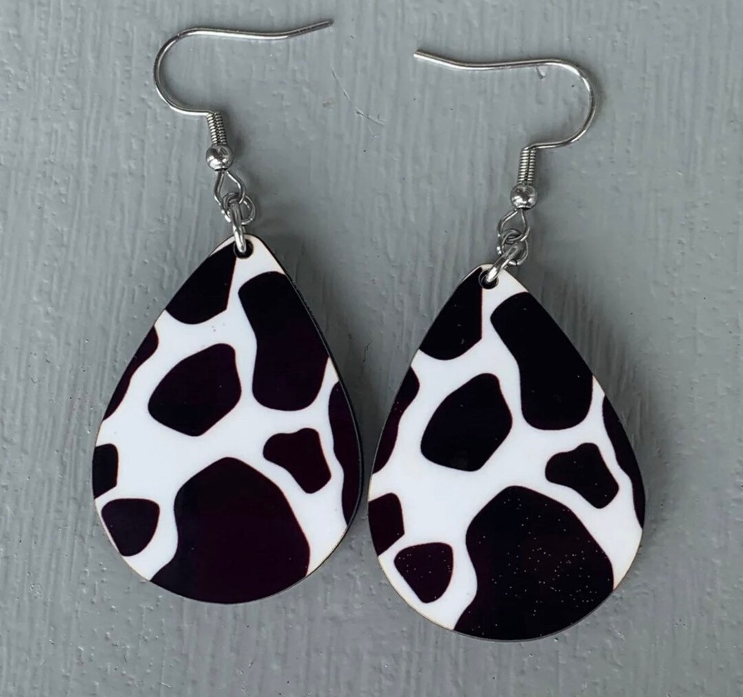 Cowprint Earrings. Handmade Animal Cow Earrings. Dangle Teardrop ...