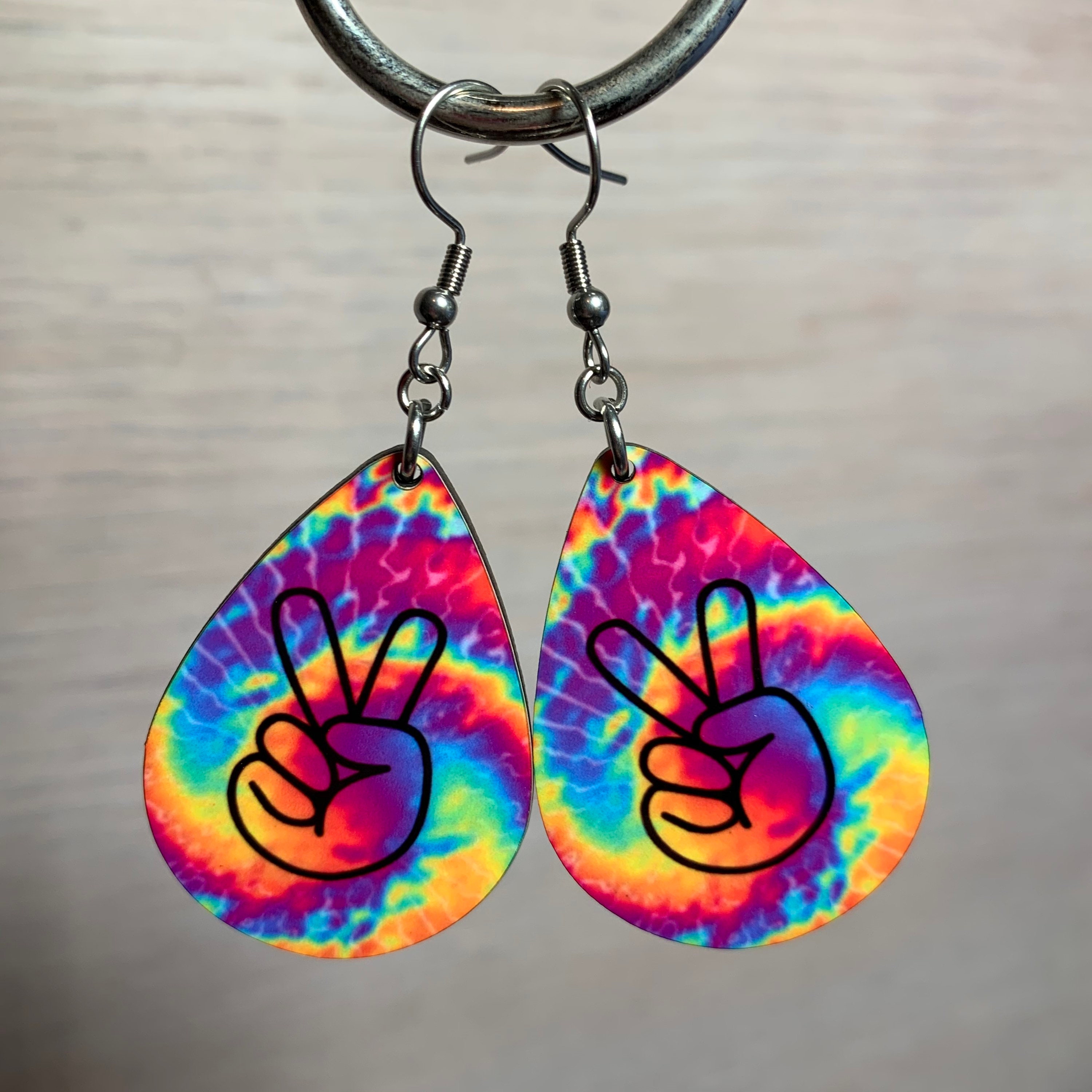 Peace Sign Earrings. Peace Symbol With Hands Tie Dye Earrings. Dangle ...