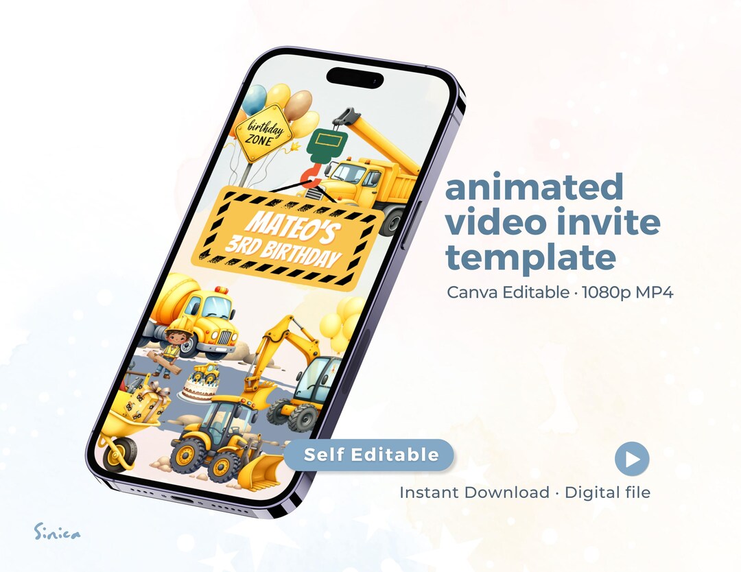 Yellow Construction Birthday Video Invitation: Animated Excavator, Dump ...