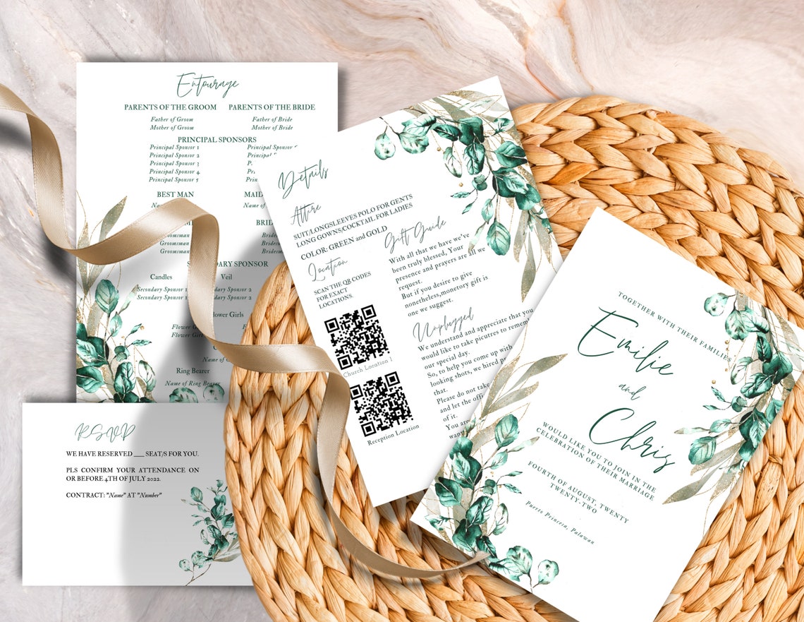 Emerald Green Wedding Invitation Templategreenery Wedding - Etsy