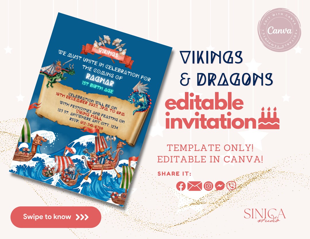 Vikings and Dragon Birthday Invitation - Canva Editable Template - Etsy
