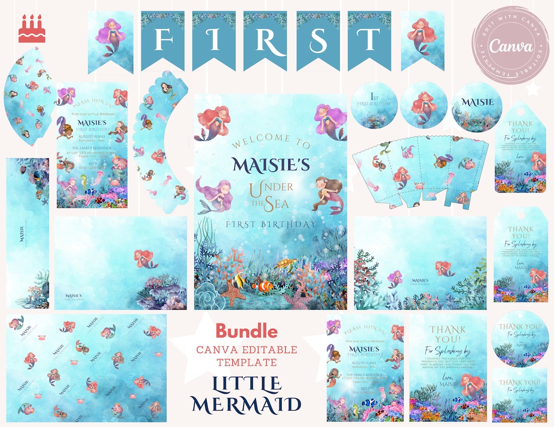 Little Mermaid Birthday Party Kit: Editable Canva Template - Etsy
