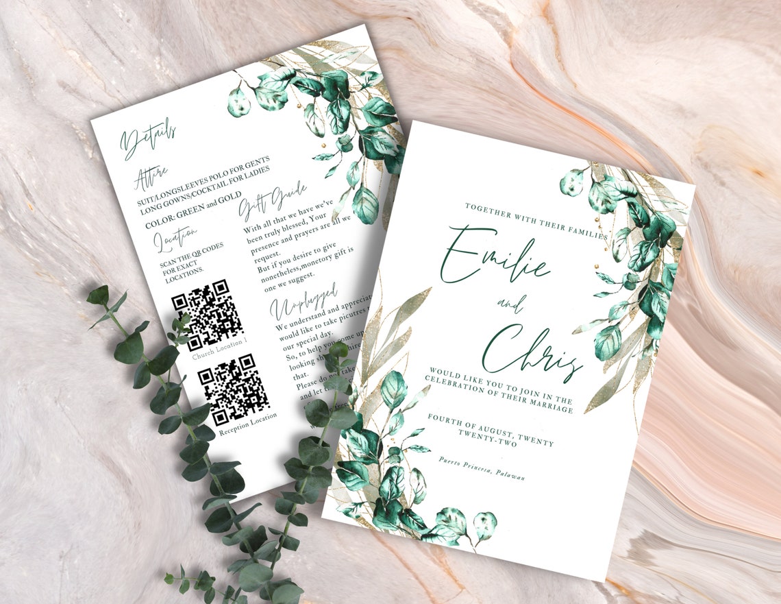 Emerald Green Wedding Invitation Templategreenery Wedding - Etsy