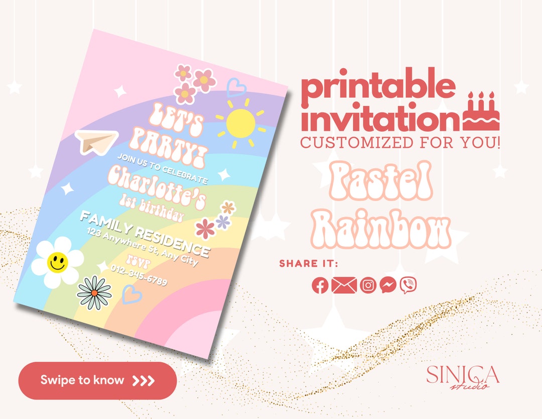 Pastel Rainbow Printable Invitation - Printable, Customizable, and ...