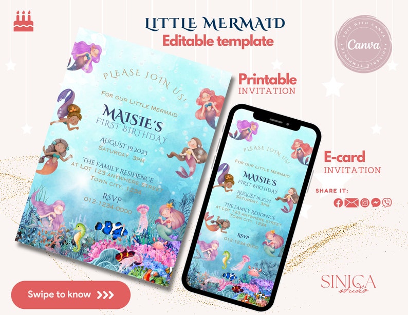 Little Mermaid Birthday Editable Printable & E-card Invitation,under ...