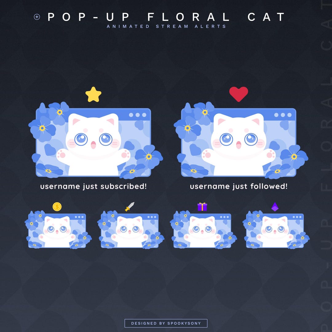 Pop-up Floral Cat Alerts X6 | Animated | Static Alerts | Twitch Alerts ...