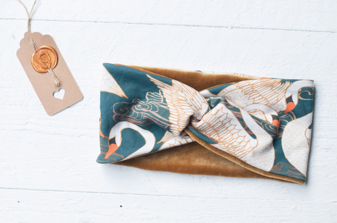 Wide Headband With Swan Motifs in Blue With Gold Velvet Lining ...