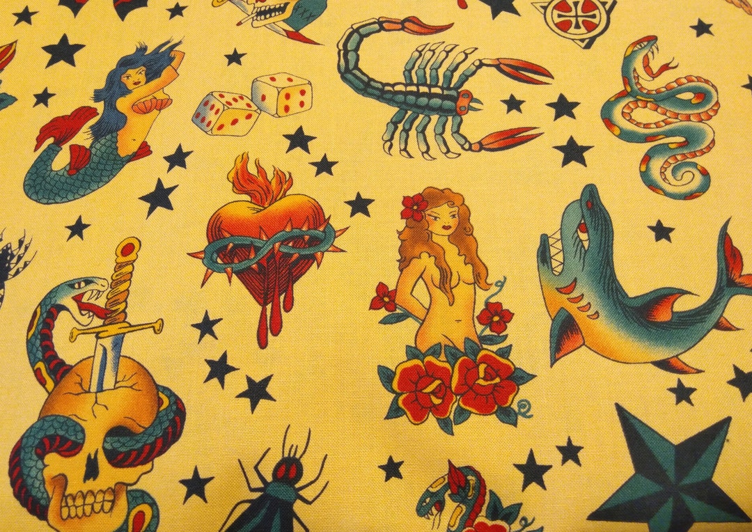 TATTOO alexander Henry Mermaids-skulls Cotton Fabric per Metre - Etsy