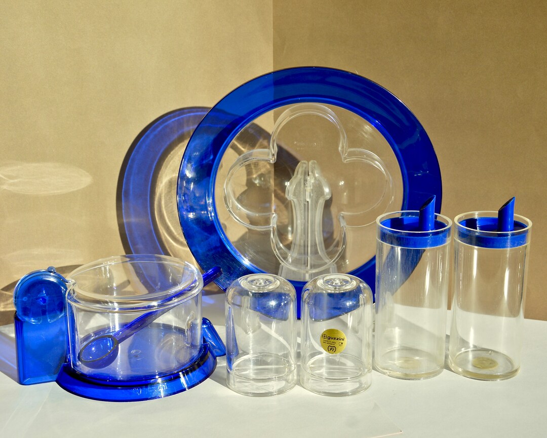 1970s Blue and Clear Guzzini Lucite Cruet and Sugar Bowl Set. Made in ...