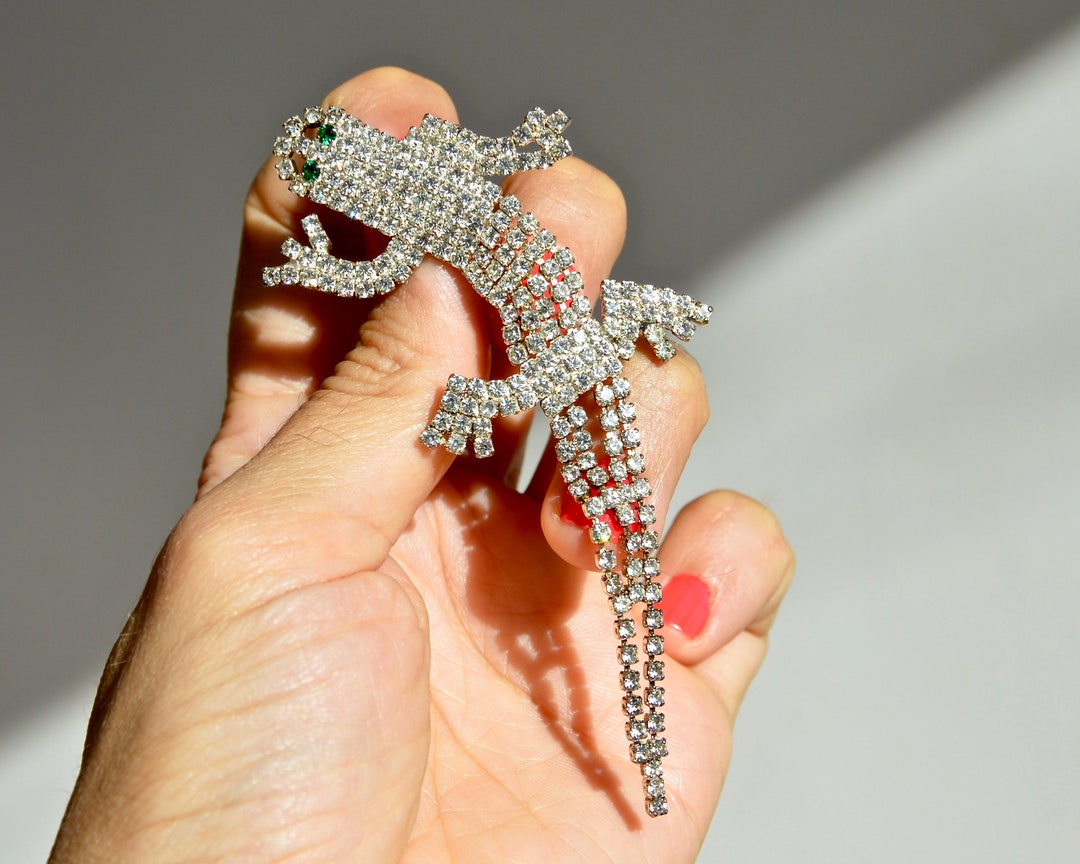 1970s/1980s Articulated Diamante Lizard Brooch With Emerald Green Eyes ...