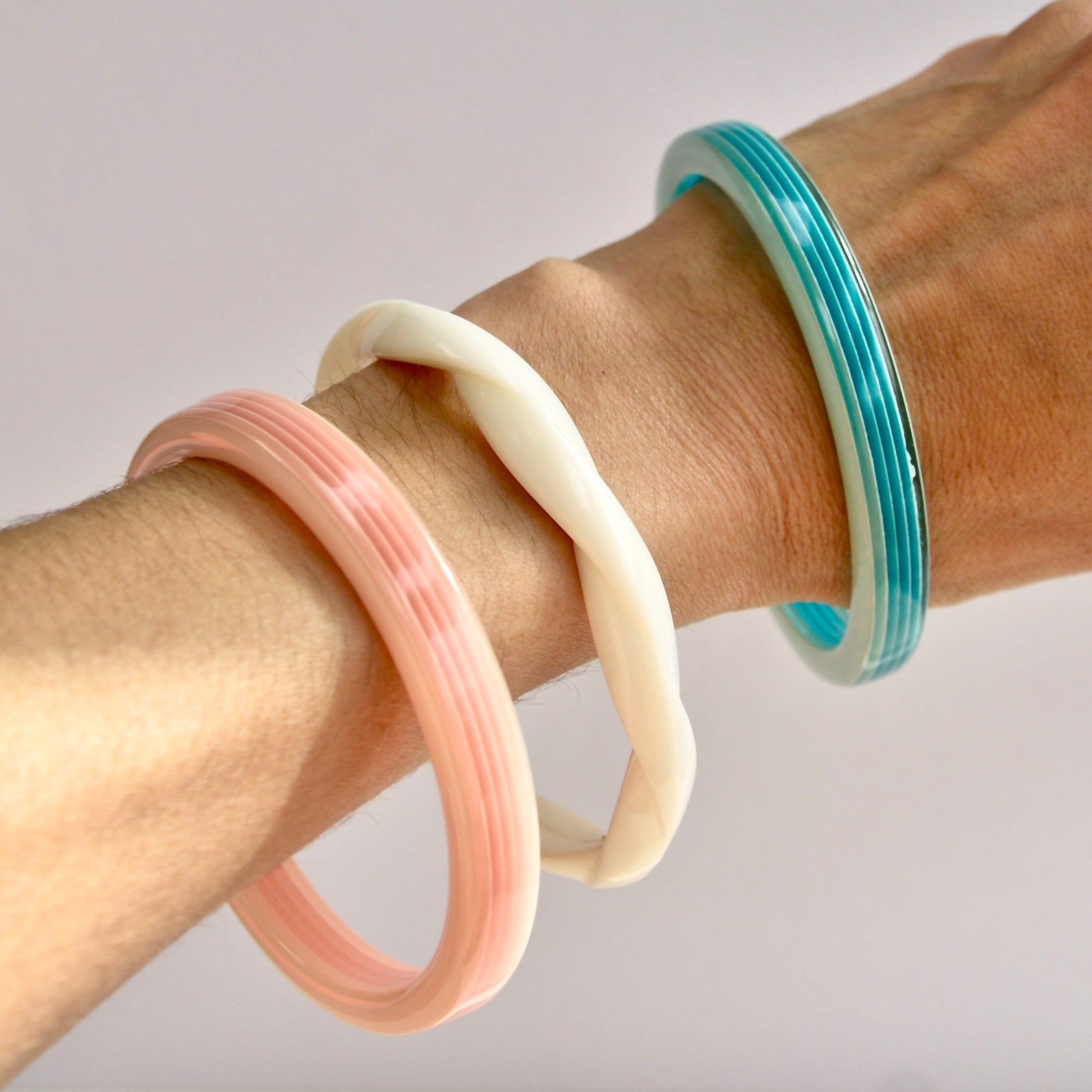 1970s Trio of Hard Plastic Bangles, Pink and Turquoise Striped and ...