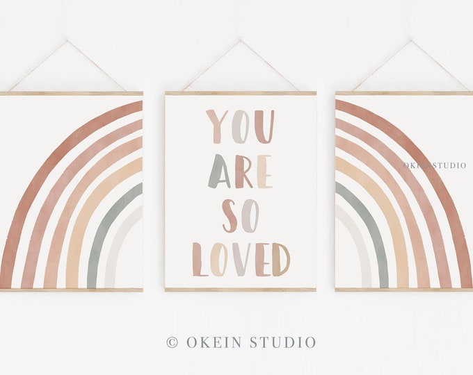 Boho Rainbow Nursery Wall Art, Rainbow Prints, You Are so Loved Quote ...
