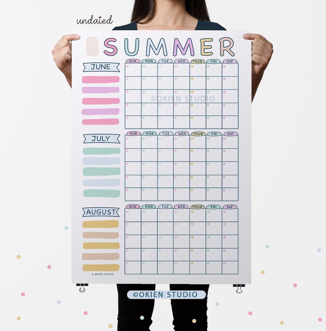 Pastel Summer Poster, Monthly Calendar, 2025 Planner, Summer Holidays ...