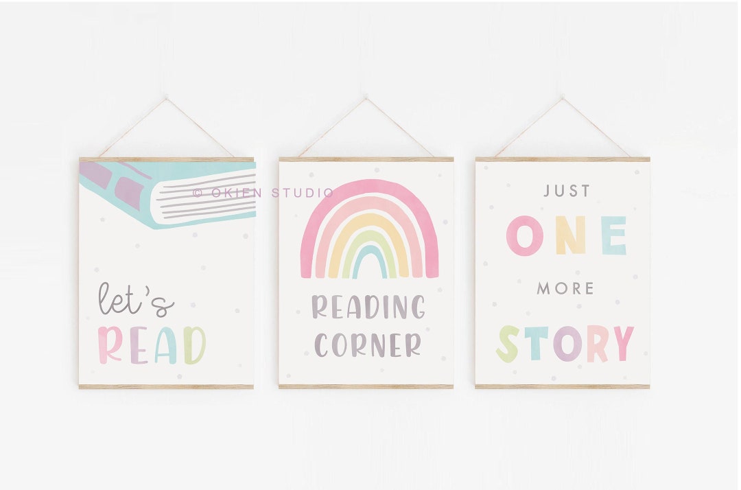 Pastel Reading Corner Sign, Playroom Printable, Let's Read Decor, Pink ...