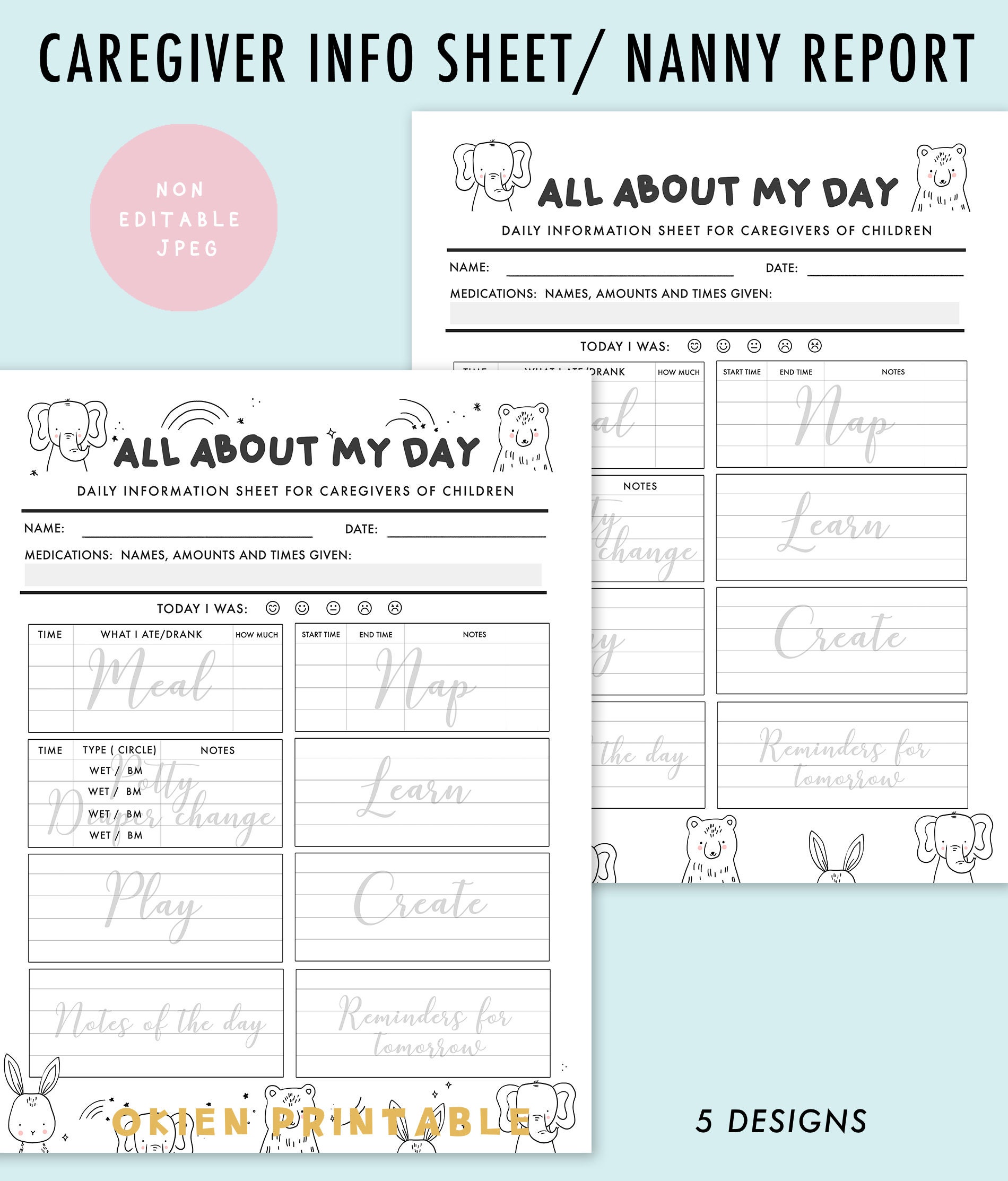 Printable Nanny Log 5 Designs Daily Infant Care Sheet | Etsy