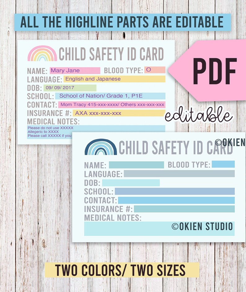 Editable Child Identification Card PDF Editable Backpack Tag - Etsy