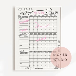 Cute Cat Monthly Calendar, Cat Summer Planner, Cat Monthly Calendar ...