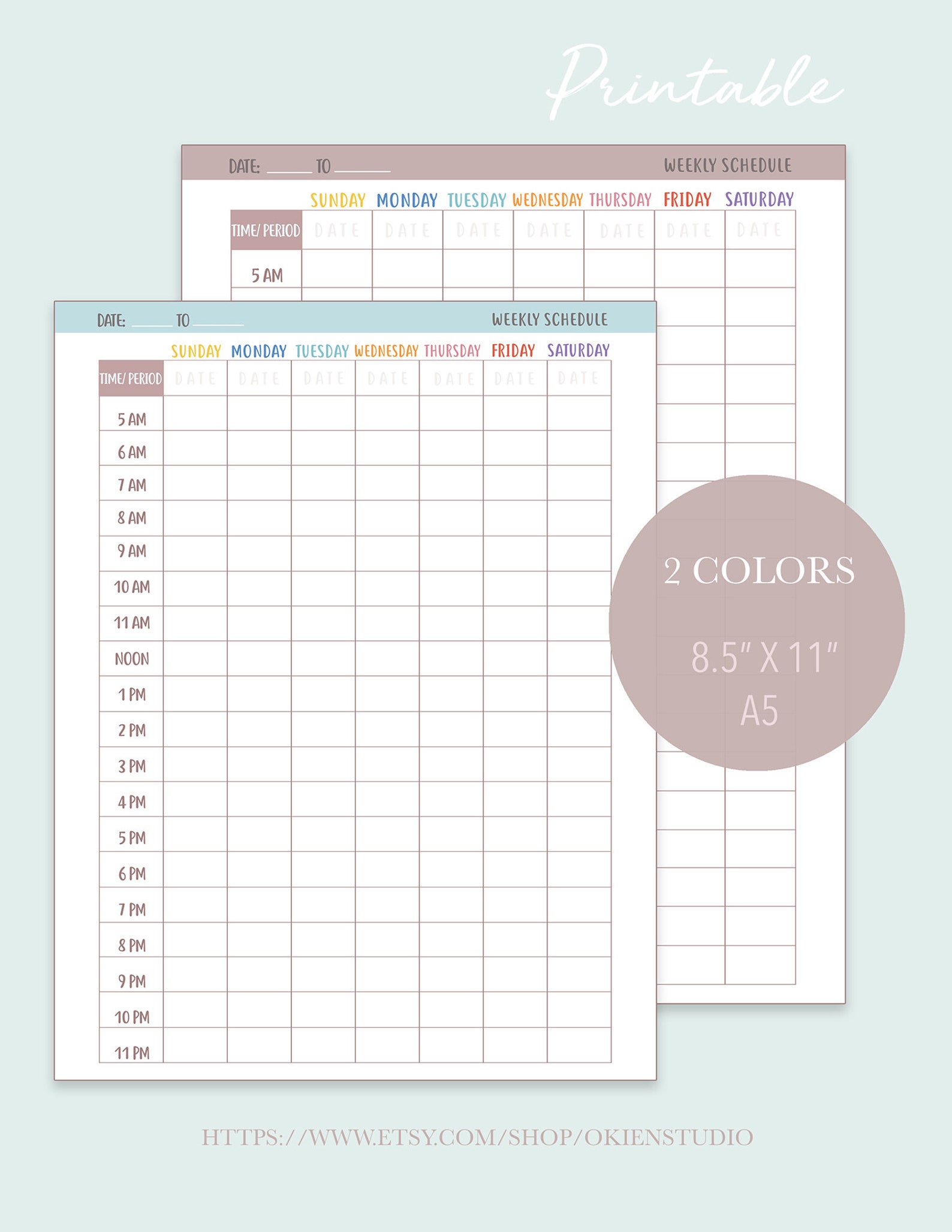 Weekly Time Slot Planner: 5 AM - 11 PM, 8.5"x11", A5 (digital Download ...