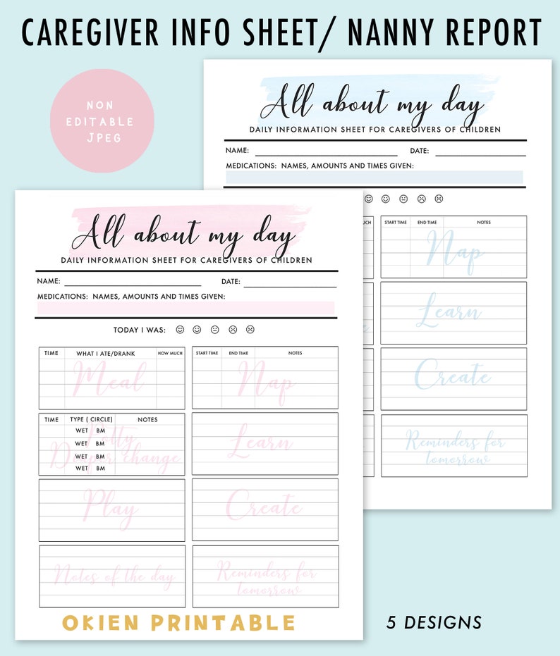 Printable Nanny Log 5 Designs Daily Infant Care Sheet - Etsy