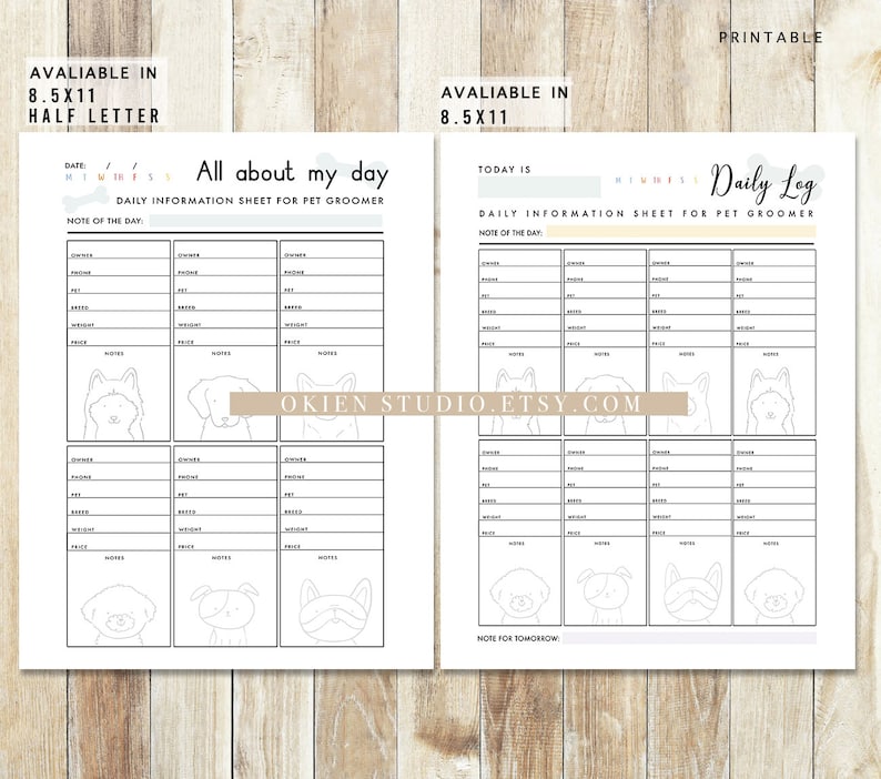 Printable Pet Grooming Daily Log: Dog Care Planner (digital Download ...