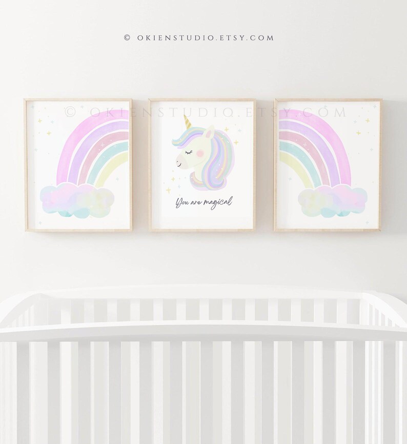 Unicorn Nursery Art Prints: Pastel Rainbow Decor (set of 3) (digital ...