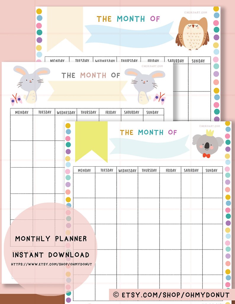 Printable Planner Monthly Calendar Animals Planner Cute - Etsy