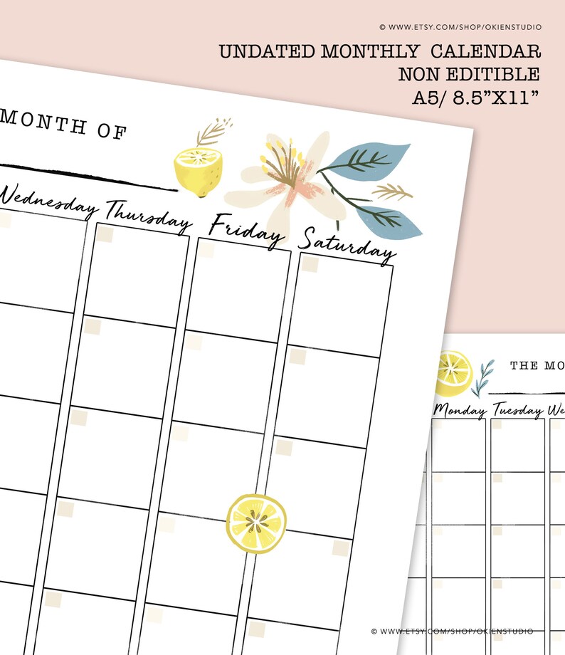 Summer Monthly Calendar Lemon Monthly Planner Lemon | Etsy
