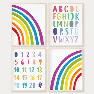Rainbow Wall Art, Set of 4 Print, Alphabet Print, Number Wall Art ...