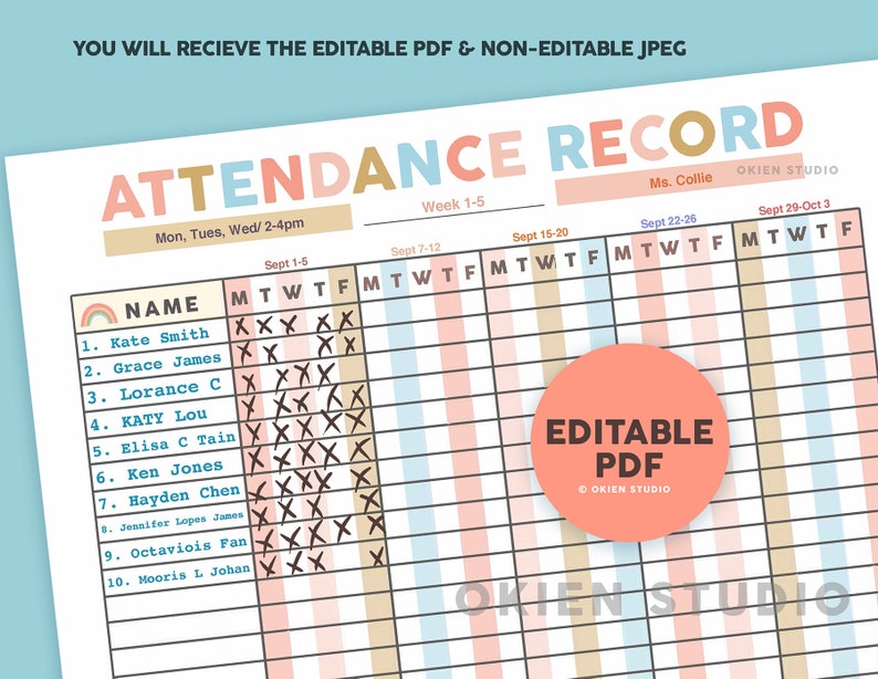 Editable Boho Attendance Record: Teacher Printable (digital PDF) - Etsy