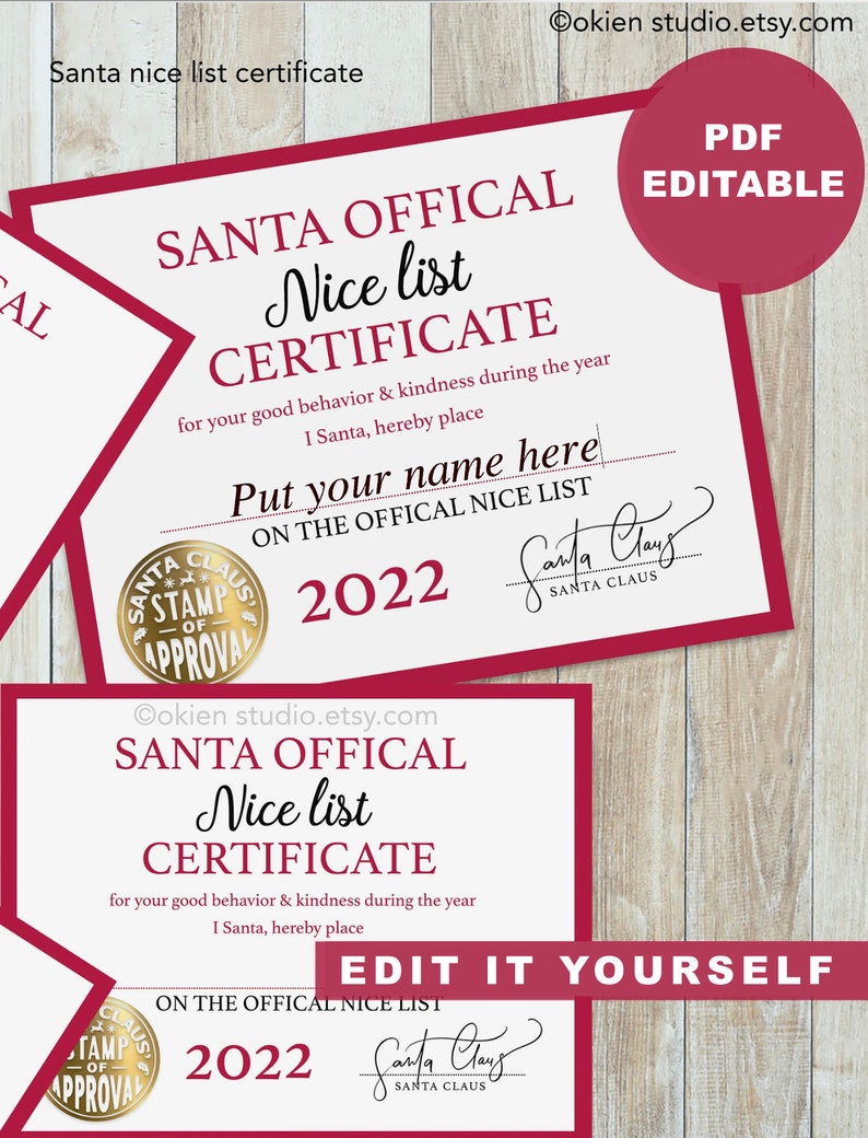 Editable Santa Nice List Certificate: Printable Christmas Letter (PDF ...