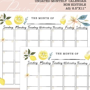 Summer Monthly Calendar, Lemon Monthly Planner, Lemon Calendar ...