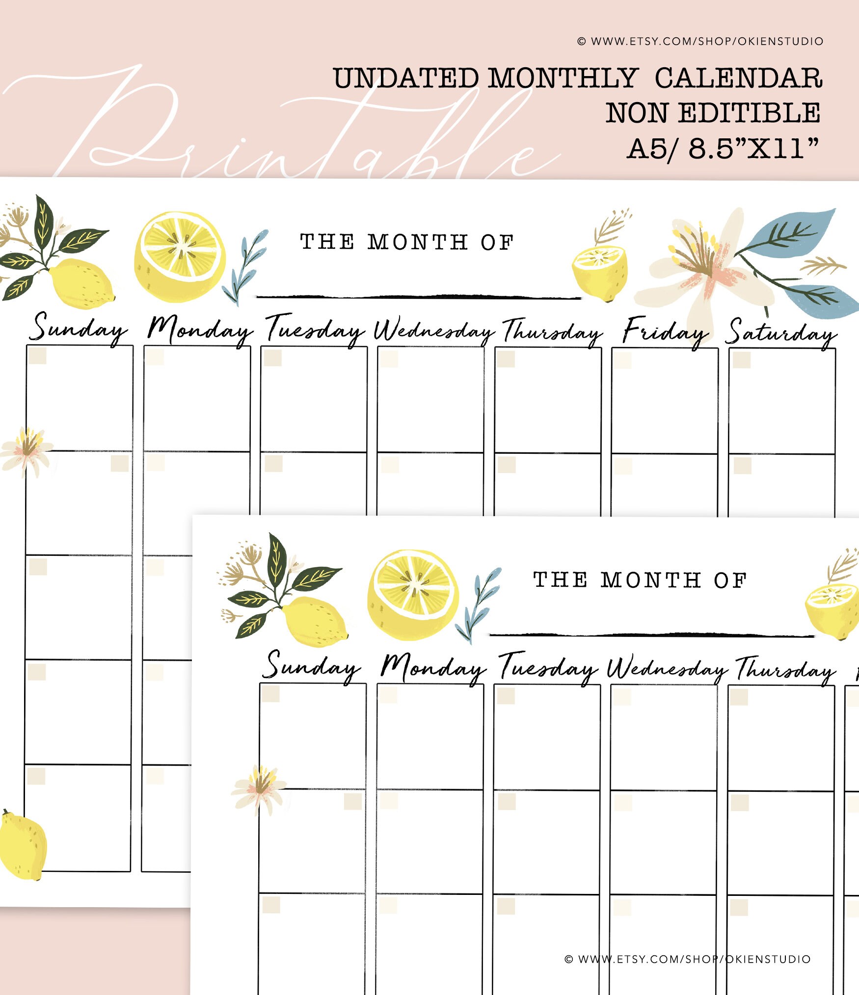 Summer Monthly Calendar Lemon Monthly Planner Lemon - Etsy