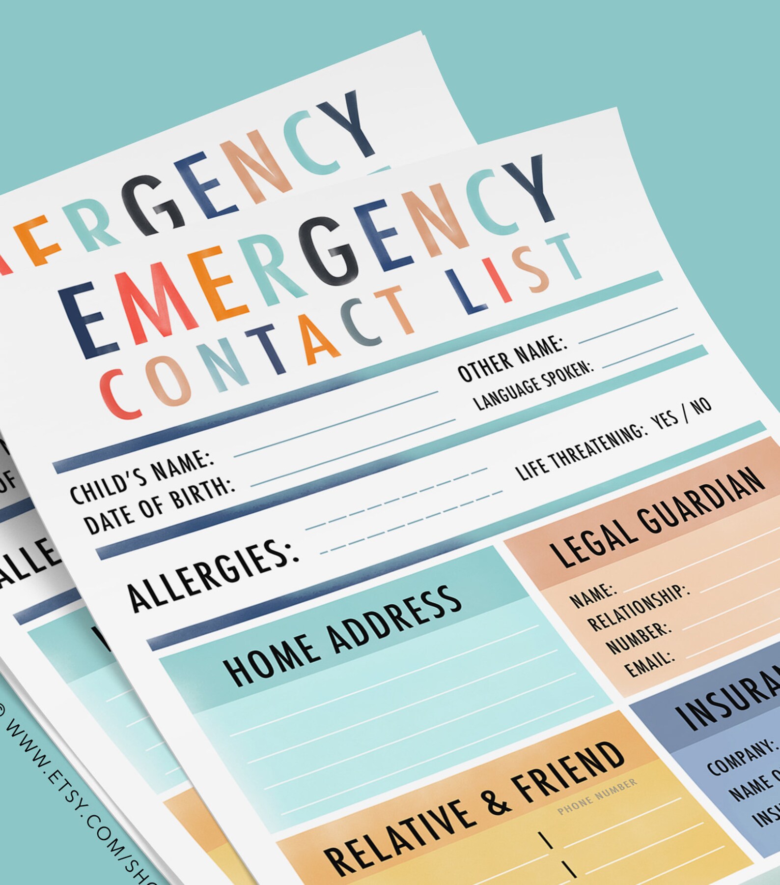 Editable Emergency Contact List PDF: Babysitter Daycare Form (8.5x11 ...