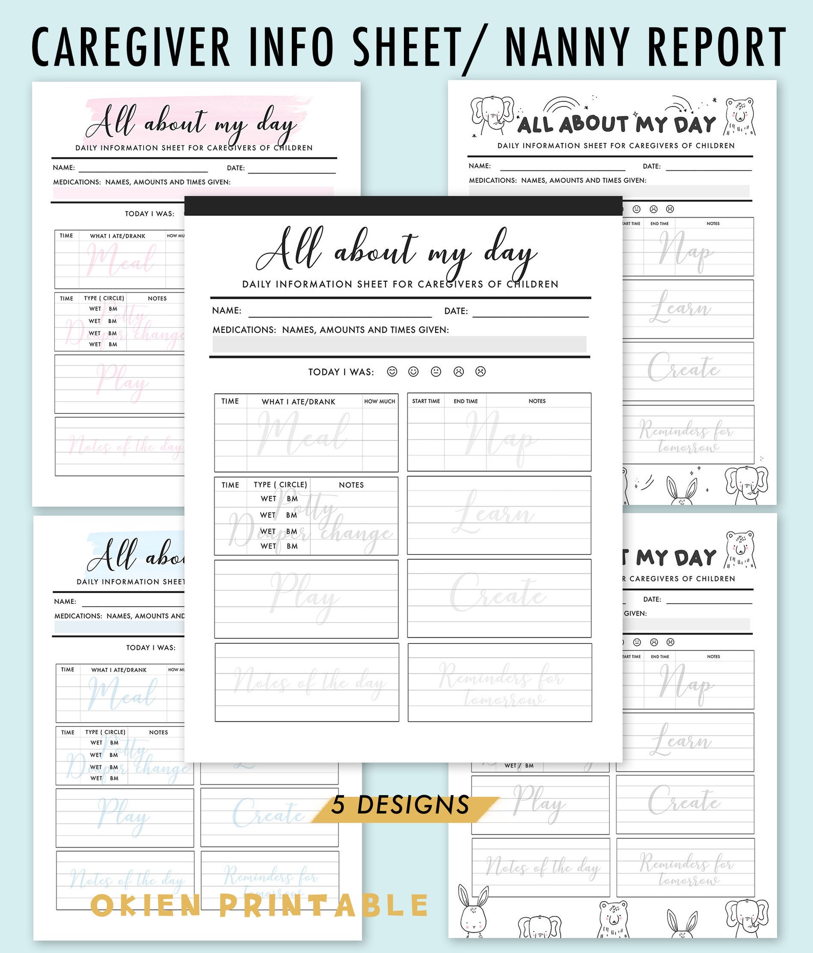 Printable Nanny Log 5 Designs Daily Infant Care Sheet | Etsy