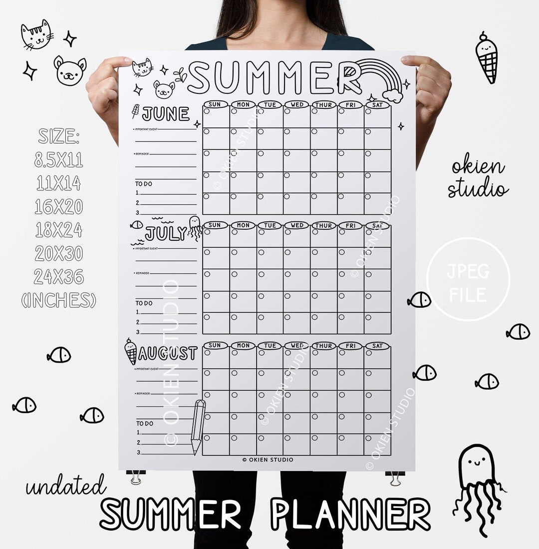 Summer Calendar Poster, June to August Schedule Printable, Undated ...