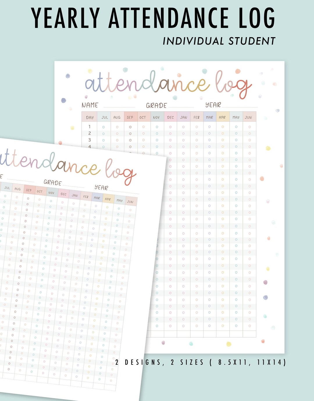Printable, Yearly Attendance Sheet, Attendance Log, Rainbow Vertical ...