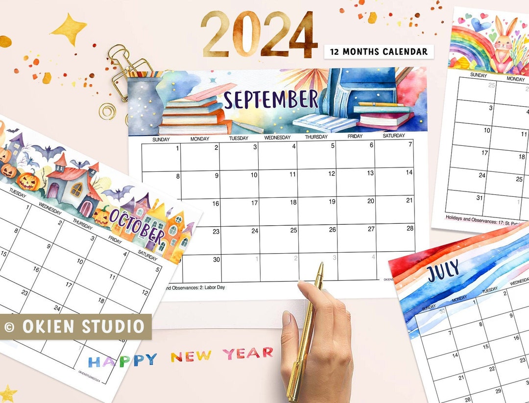 Printable Calendar 2024, Watercolor Wall Calendar, 2024 Desk Calendar ...