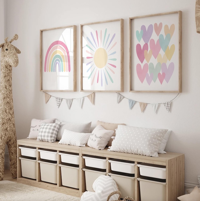 Pastel Rainbow Nursery Art Prints: Sun, Hearts, Rainbow Set (digital ...