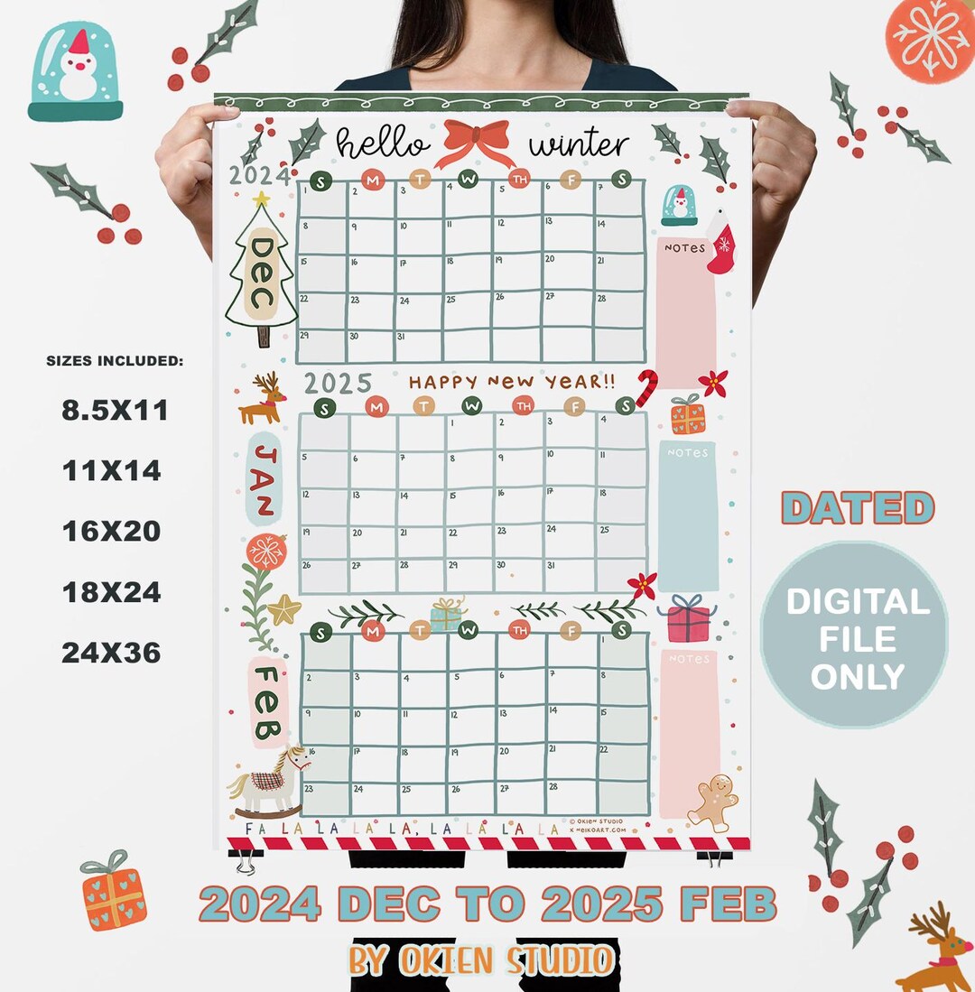 2024 Dec to 2025 Feb Calendar Poster, 2025 Wall Calendar Poster ...
