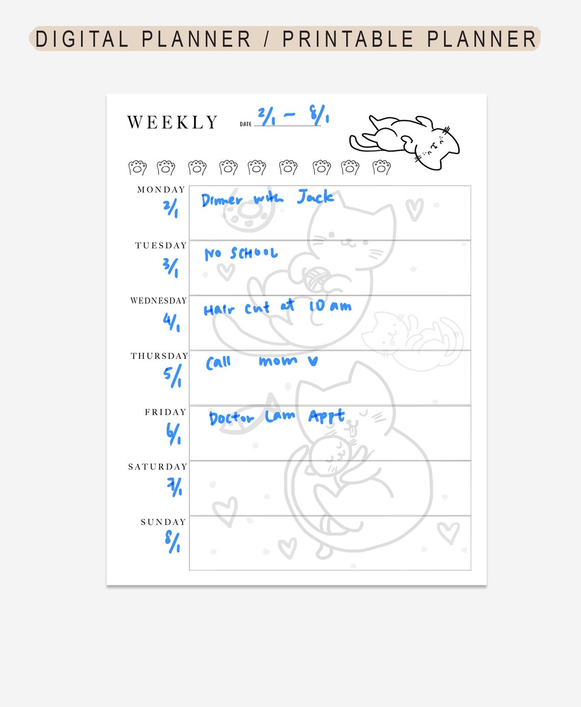 Planner bundle printable Digital Planner Daily Schedule Cat | Etsy