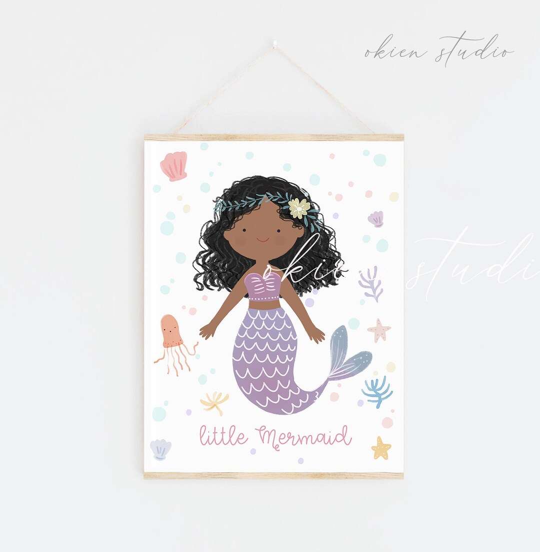Curly Hair Mermaid Art: Custom Name Girl Room Decor, Baby Nursery Art ...
