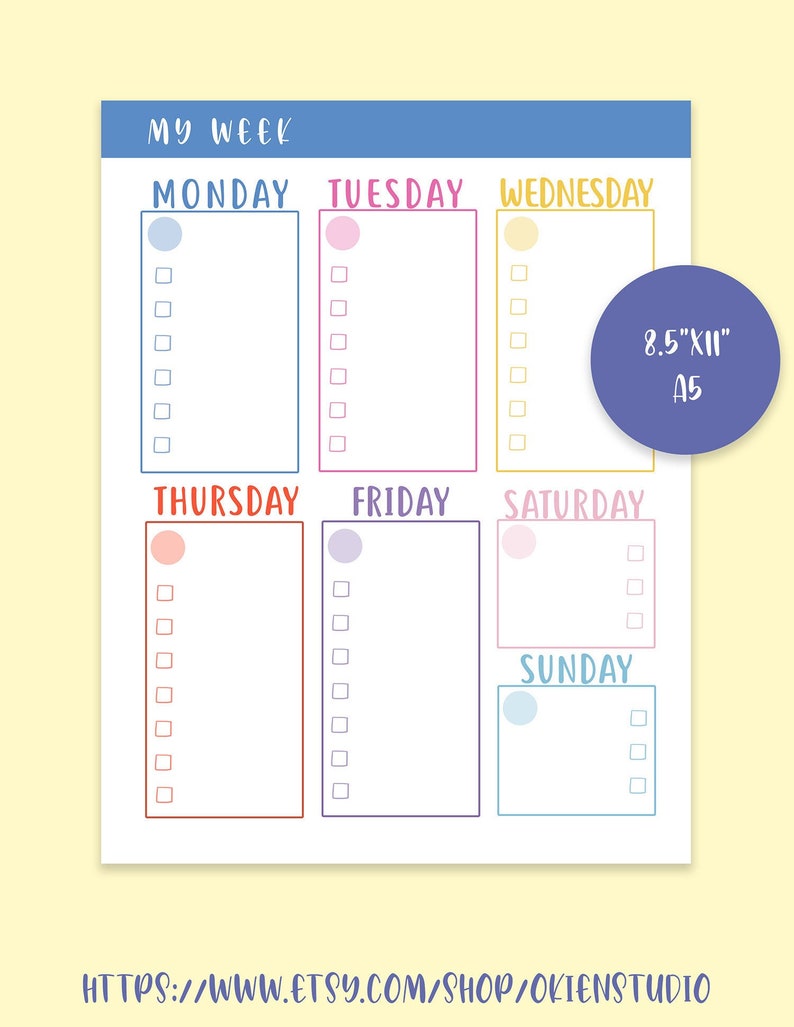 10 Colors Weekly Calendar Printable to Do List Organizer - Etsy