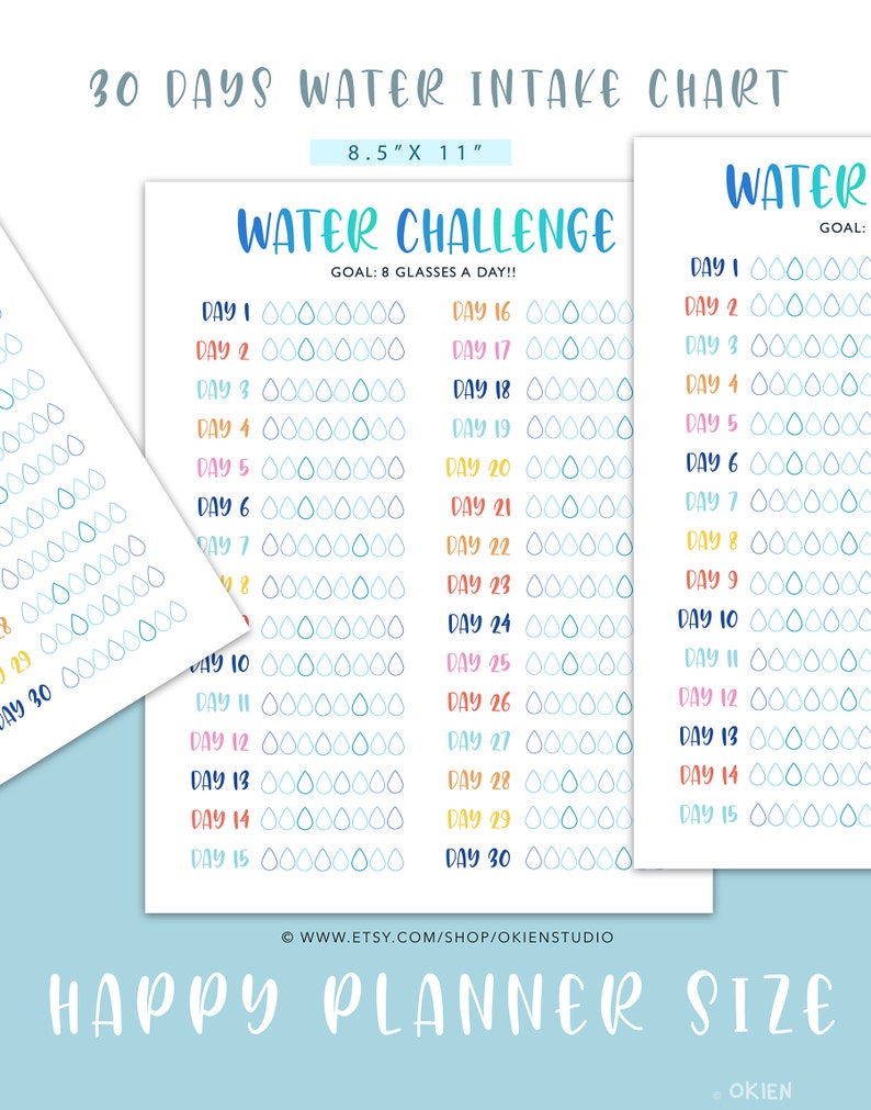 30 Day Water Challenge Tracker Printable (8.5x11, 7x9, 3.75x6.75) (JPEG ...