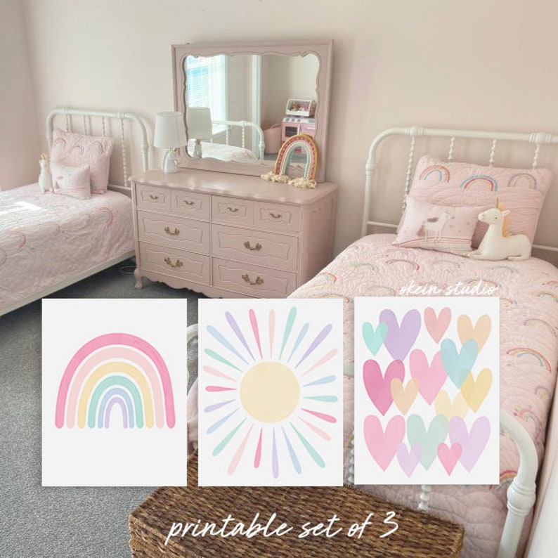 Pastel Rainbow Nursery Art Prints: Sun, Hearts, Rainbow Set (digital ...