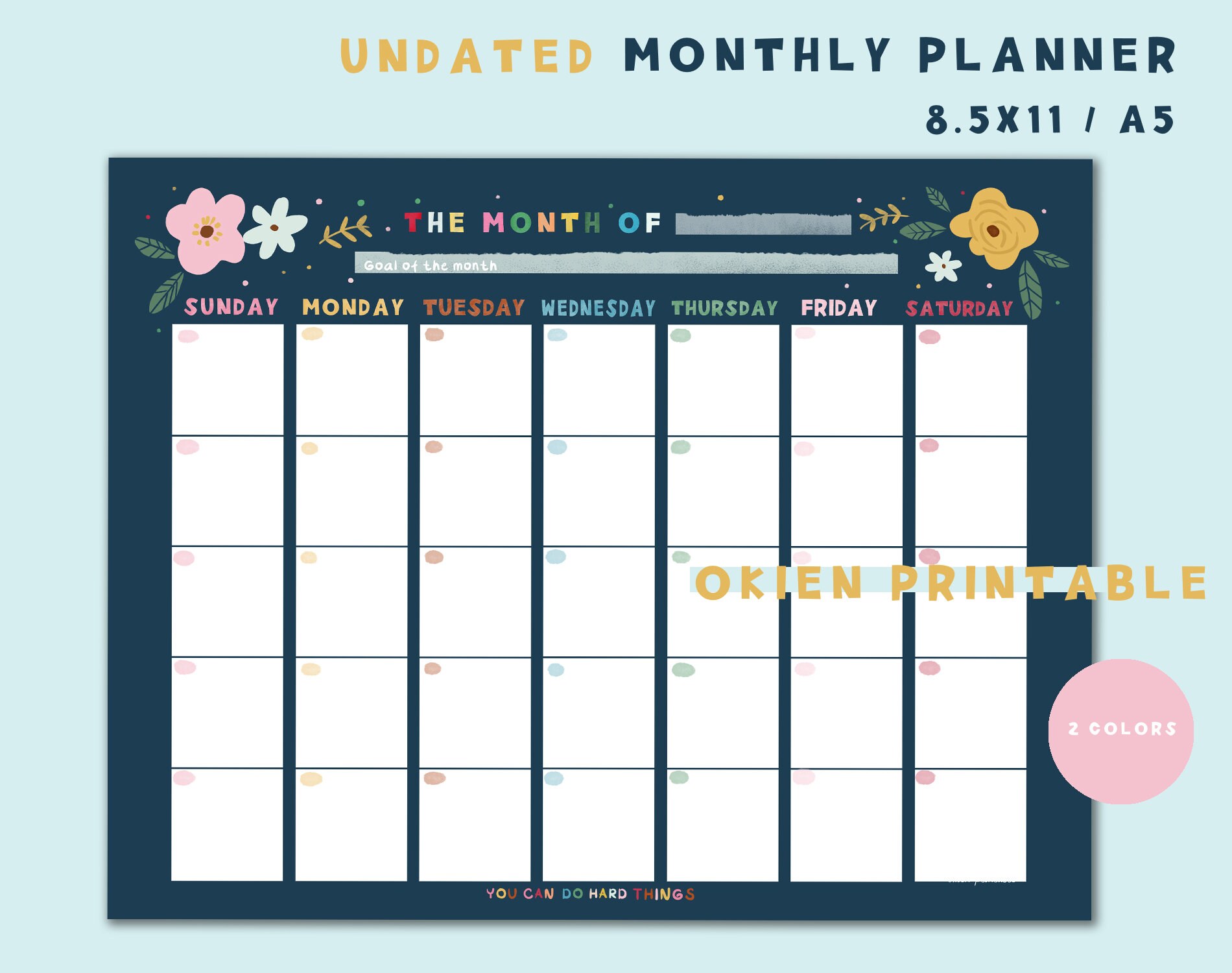 Floral Monthly Planner Printable: Pink & Navy, Undated (digital ...