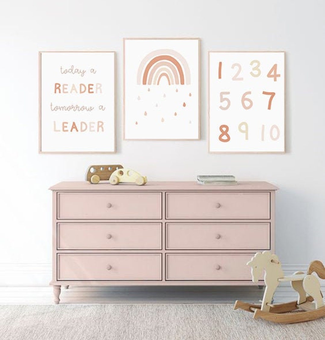 Set of 3, Rainbow Nursery Wall Art, Printable Nursery Set, Soft Pink ...