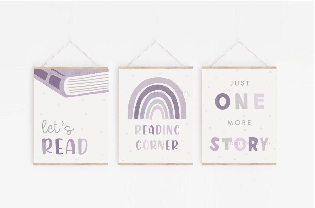 Boho Reading Corner Sign, Playroom Printable, Let's Read Decor, Purple ...