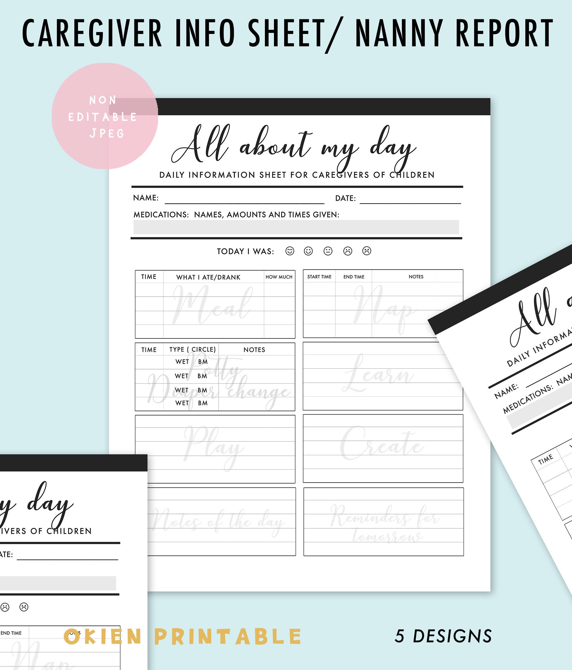 Printable Nanny Log 5 Designs Daily Infant Care Sheet | Etsy