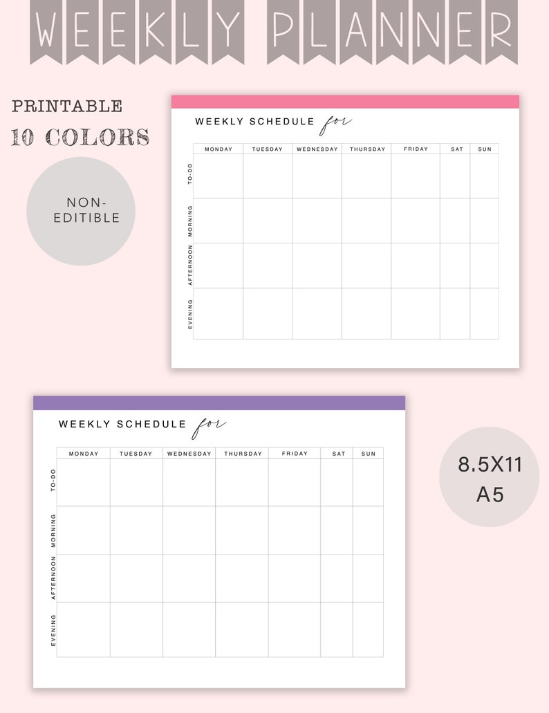 Weekly Schedule Printable: Minimalist Planner, 10 Colors (digital ...
