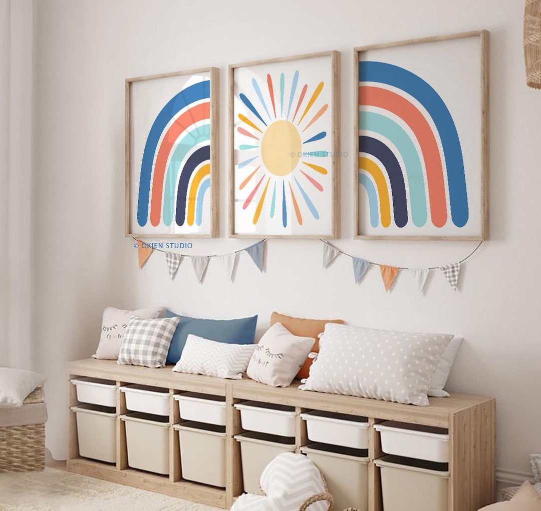 Sunshine Rainbow Poster Set of 3: Blue Wall Art for Boys Playroom ...